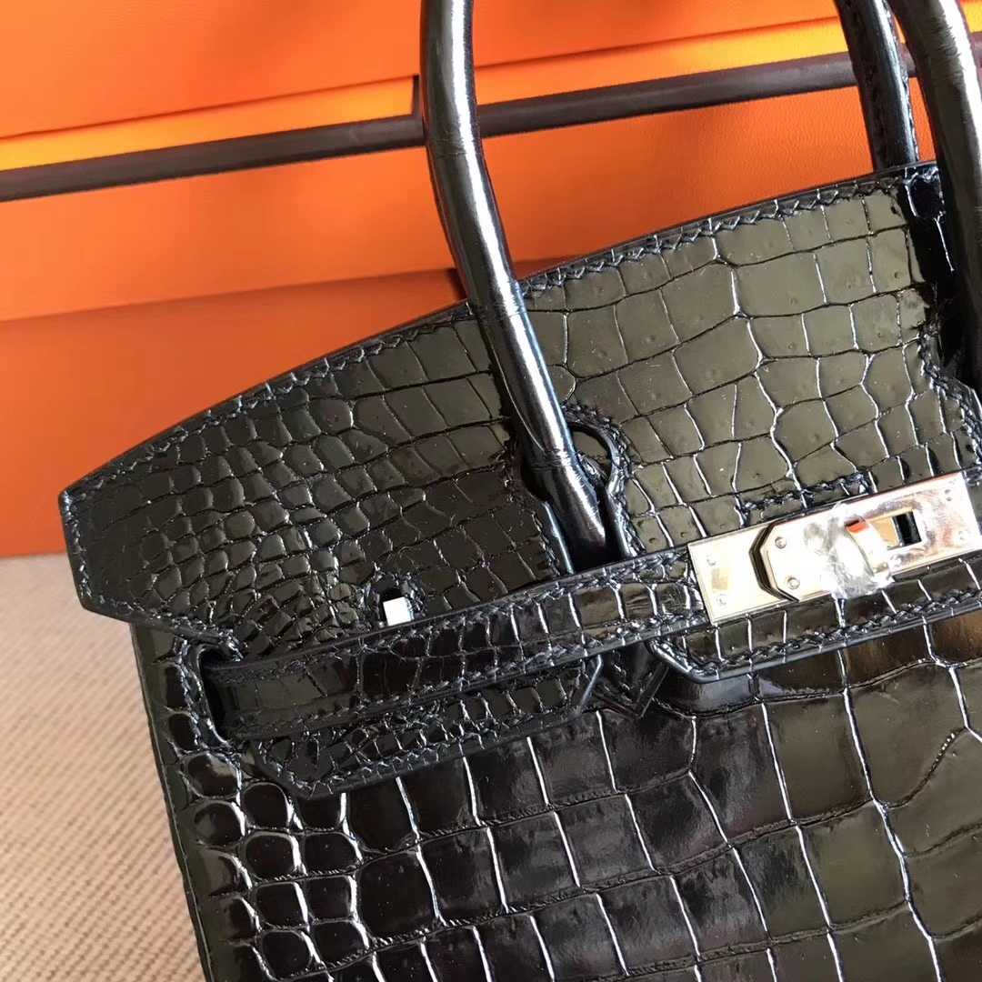 Noble Hermes CK89 Black Shiny Crocodile Leather Birkin25CM Bag Silver ...