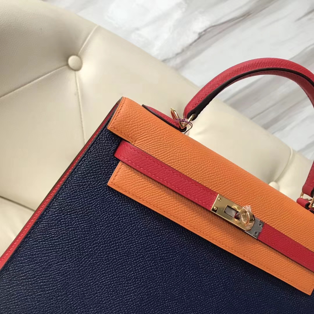 Fashion Hermes Tri-color Epsom Calf Sellier Kelly25CM Bag Gold Hardware ...