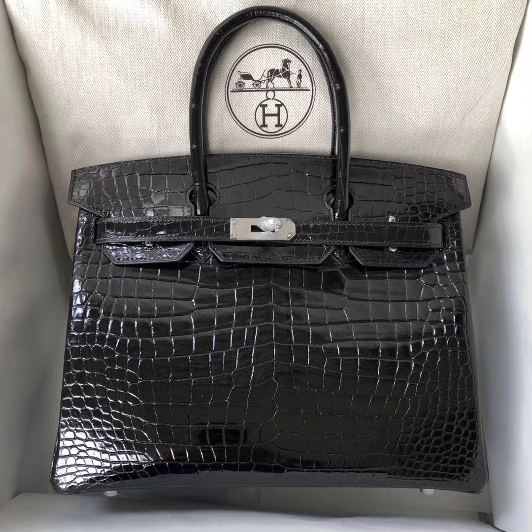 Luxury Hermes CK89 Black Porosus Shiny Crocodile Birkin30CM Bag Silver ...